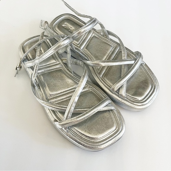 Zara | Shoes | Zara Metallic Strappy Square Toe Silver Sandals 37 ...